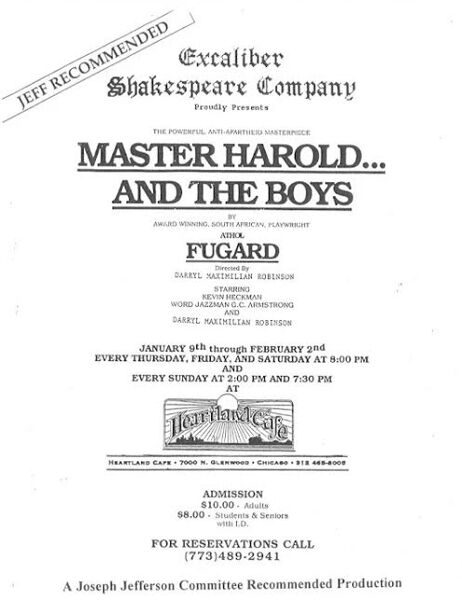 ESC Notes 25th Anniversary of Fugard's 'Master Harold And The Boys' by ...